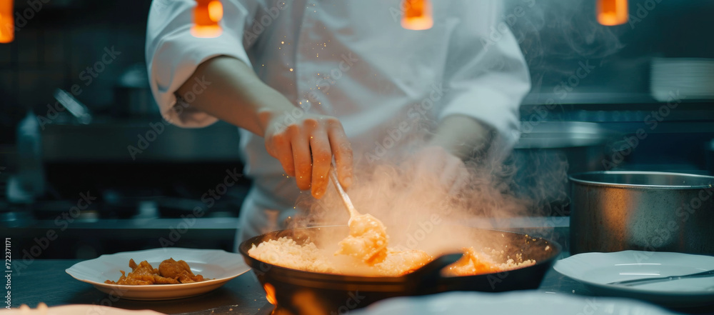 Chef seasons steaming dish in a dark, bustling kitchen, capturing the ...