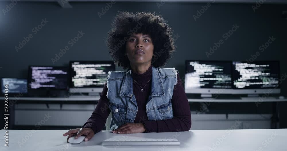 Cyber security office, reading and woman programming software ...