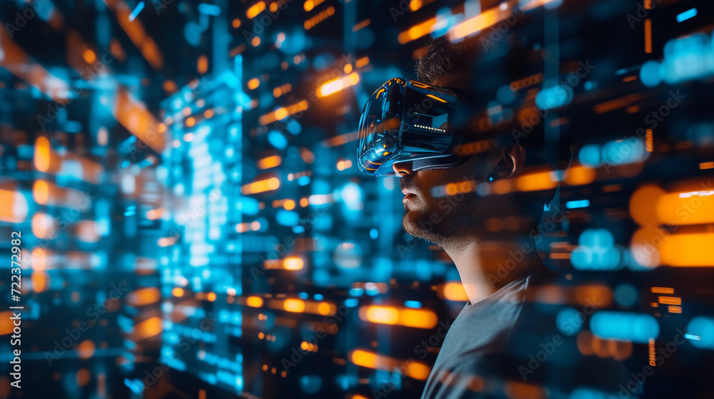 A programmer surrounded by virtual reality code, creating a dynamic and ...