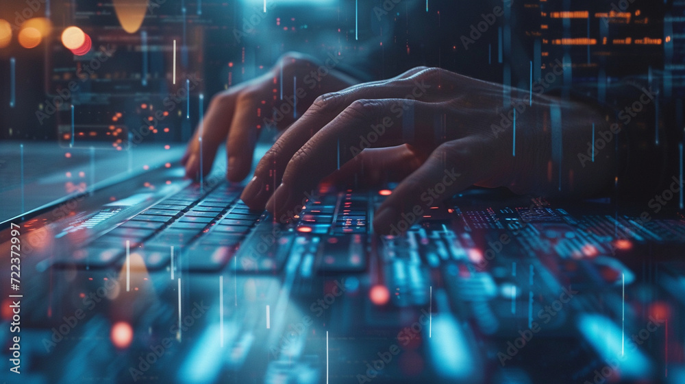 A close-up of a programmer's hands typing code on a transparent digital ...