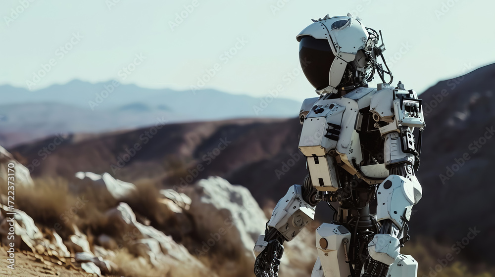 Futuristic in life like humanoid AI sentient robot looking down from ...