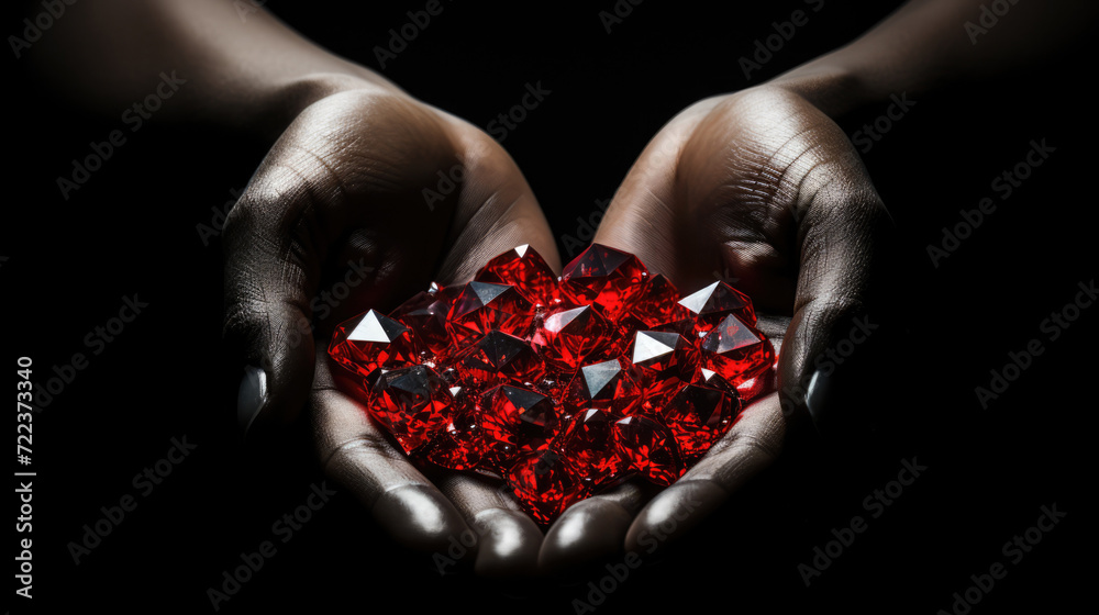 Slavery in mining. African hands holding rubies and blood diamonds over ...