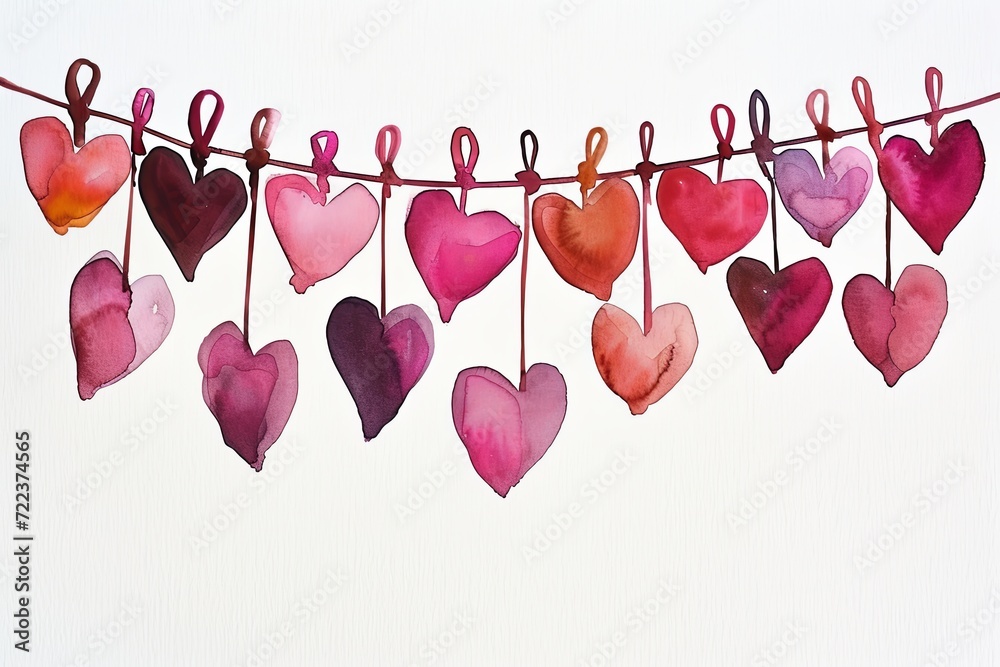 cute modern watercolor painting of a clothesline with 50 pink, red, and ...