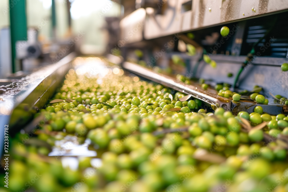 Detail of olives during the industrial process of olive oil extraction ...