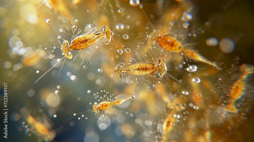 Microscopic water insects, tiny water fleas or aquatic larvae ...