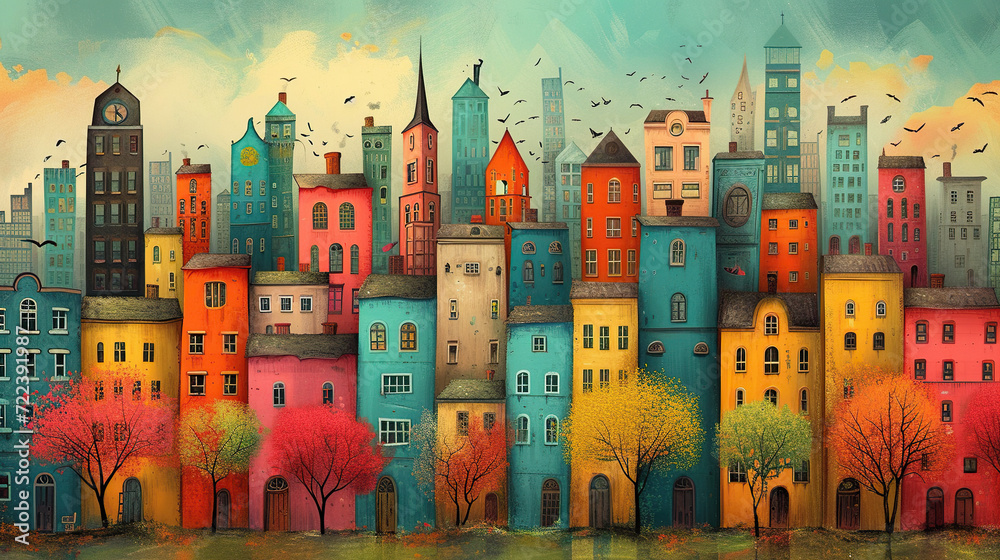 Multi colored buildings with different colors , shape and sizes ...