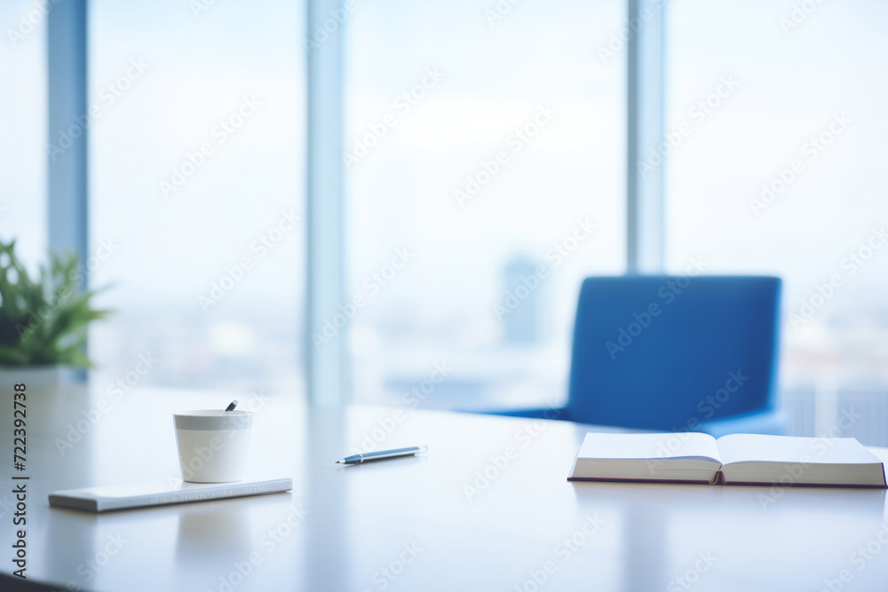 Open notebook with pen on polished boardroom table, empty office chairs ...