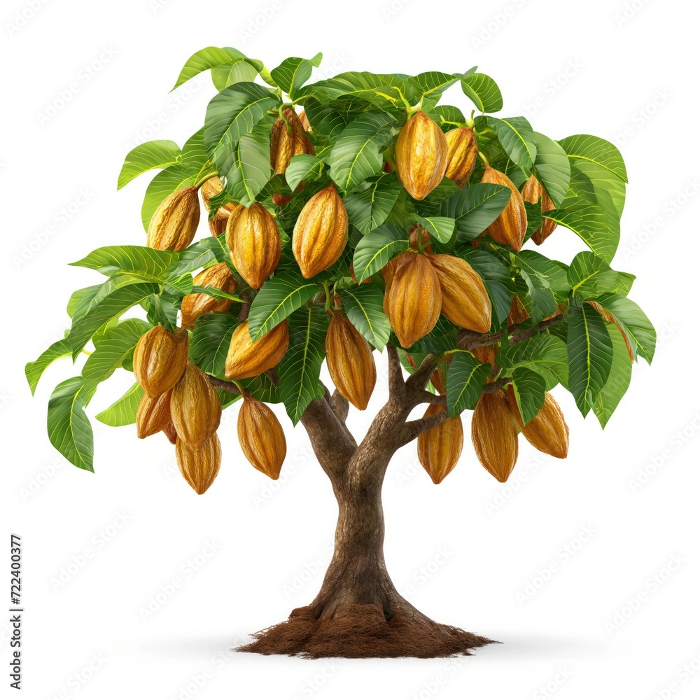 Cocoa fruits hanging on the branches of the cocoa tree isolated on ...