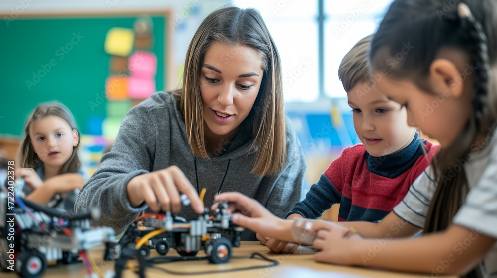 Elementary school coding: Teacher demonstrates mechanical robot ...