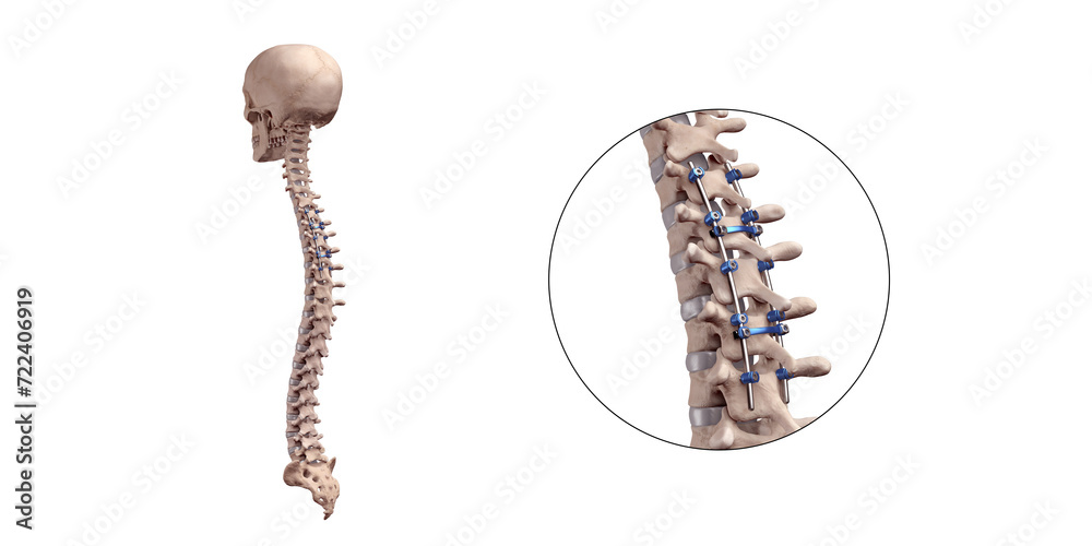 Spine Posterior Thoracic Fusion with Pedicle Screws and Rods on White ...