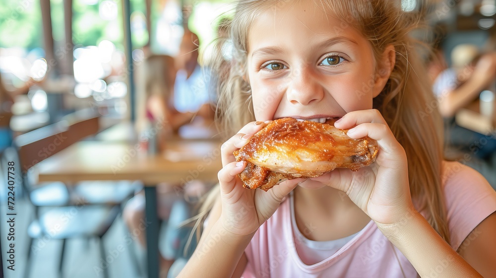 Happy preteen enjoying delicious chicken wings in restaurant with ...
