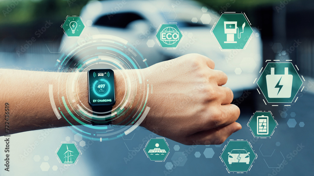 Smartwatch display eco icon pictogram hologram while EV recharging ...
