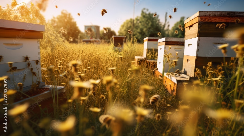 Hives in an apiary with bees flying to the landing boards. Apiculture ...