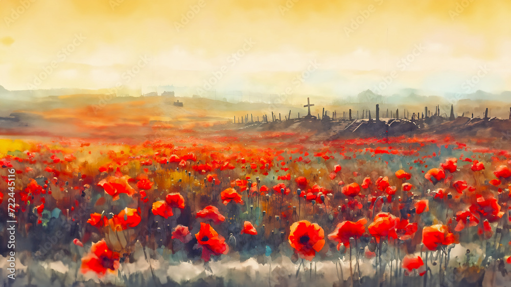 Beautiful watercolour image of a World War 1 battlefield with golden ...