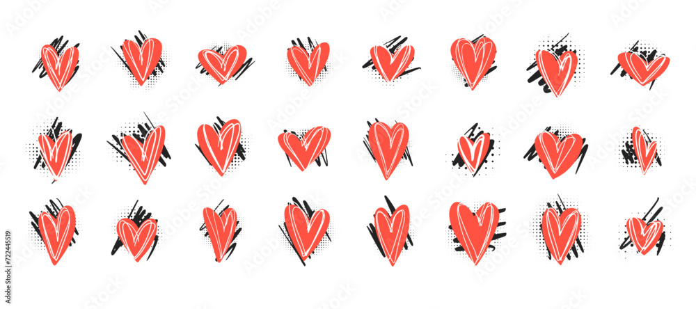 Big set of cute doodle hand drawn red hearts with messy brushstroke ...