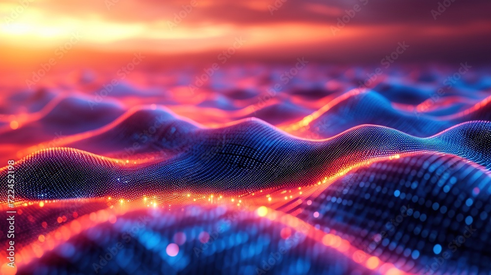 Abstract wave made out of grids that are seen from a cinematic view of ...