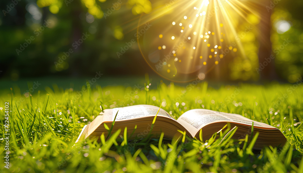 openned book on green grass with sun rays falling on it, summer Stock ...