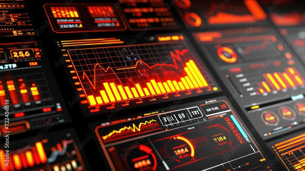 a close up of a bunch of dashboards on a wall with a lot of data coming ...