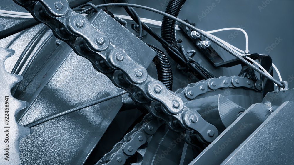 Gear chain drive shaft in conveyor belt is on production line. Timing ...