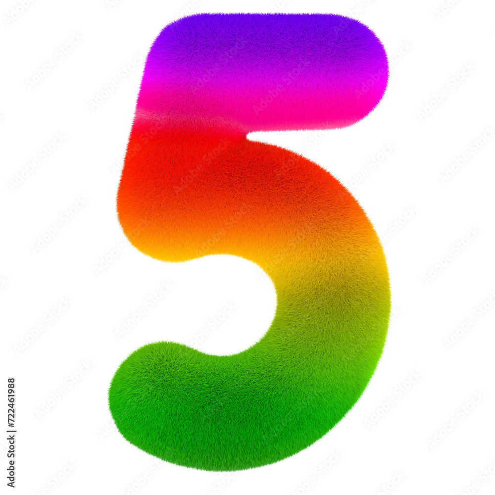 Number 5, Colored, fluffy, hairy font. 3D rendering isolated on ...