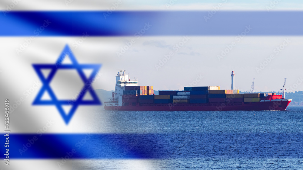 Container ship with flag Israel. Sea vessel goes to port of Tel Aviv ...