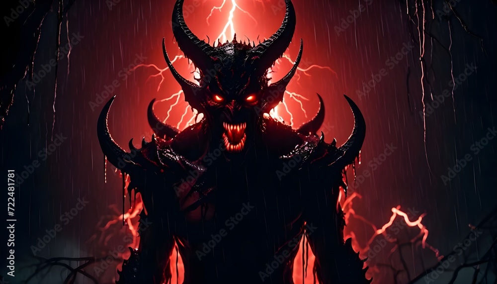 Scary demon with glowing red eyes and fangs during a thunderstorm with ...