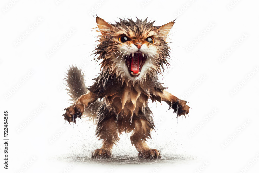 full body funny angry wet cat with open mouth emotion on white ...