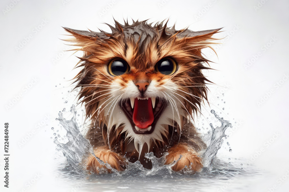 funny angry wet cat with open mouth emotion on white background with ...