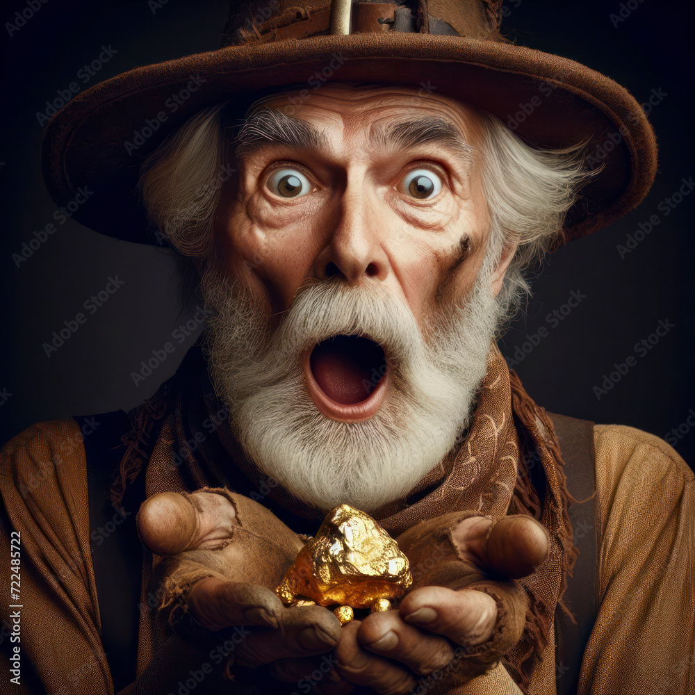 gold rush, portrait of a old man with a surprised facial expression who ...