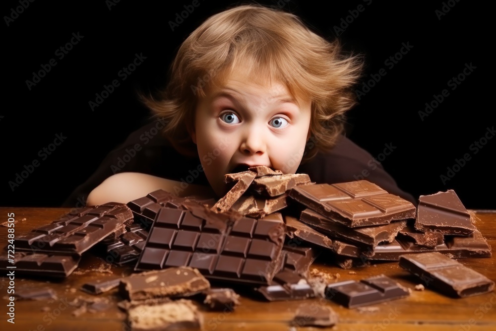 Little boy eating chocolate on a wooden table isolated on black ...