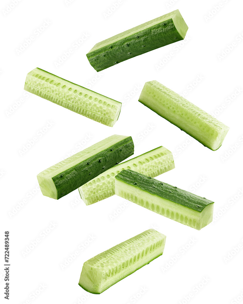 Falling chopped Cucumber, stick, isolated on white background, full ...
