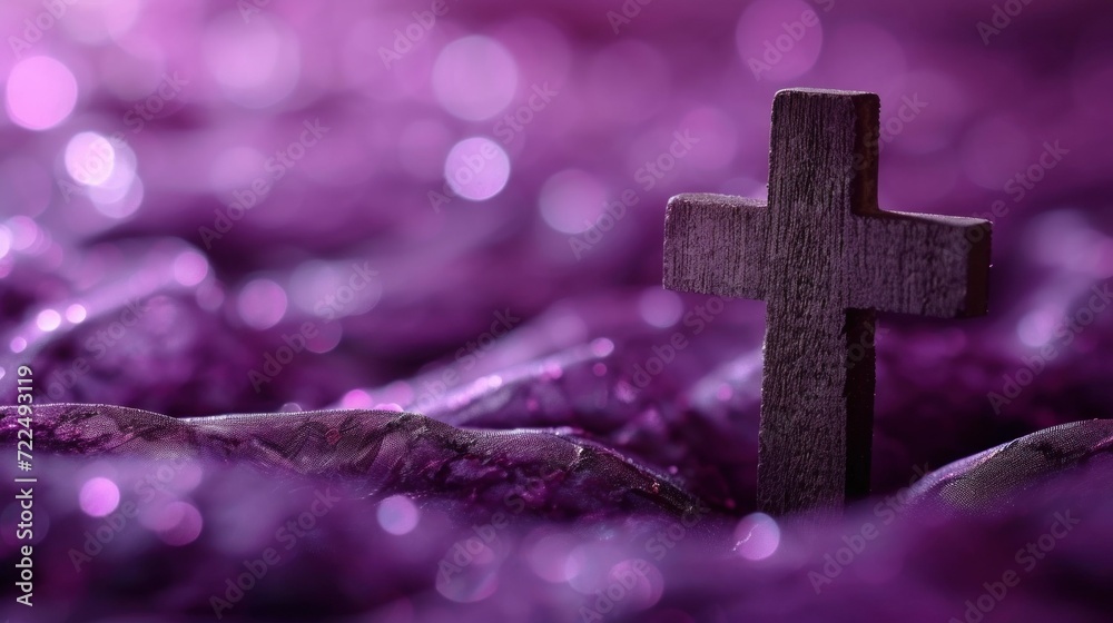 Ash Cross on Purple Fabric for Ash Wednesday. A detailed close-up of a ...