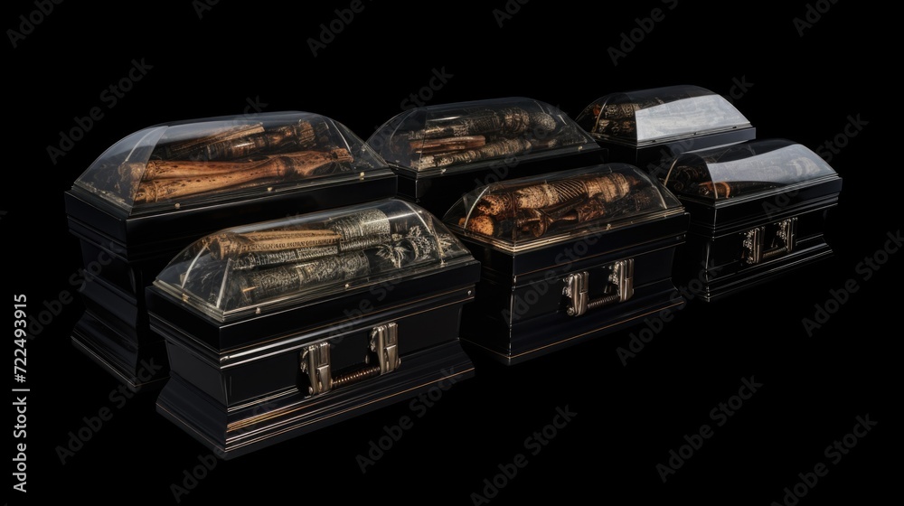 A collection of caskets arranged neatly on a table. Can be used to ...