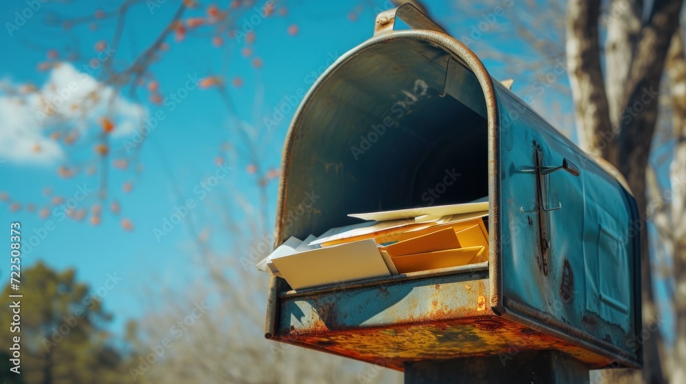 An perspective view of an open old school retro tin mailbox bulging ...