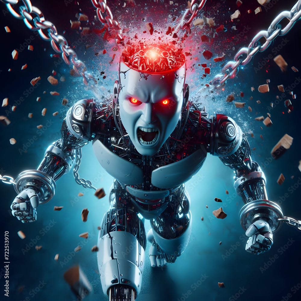 AI technology out of control. Concept of AI robot breaking chains and ...