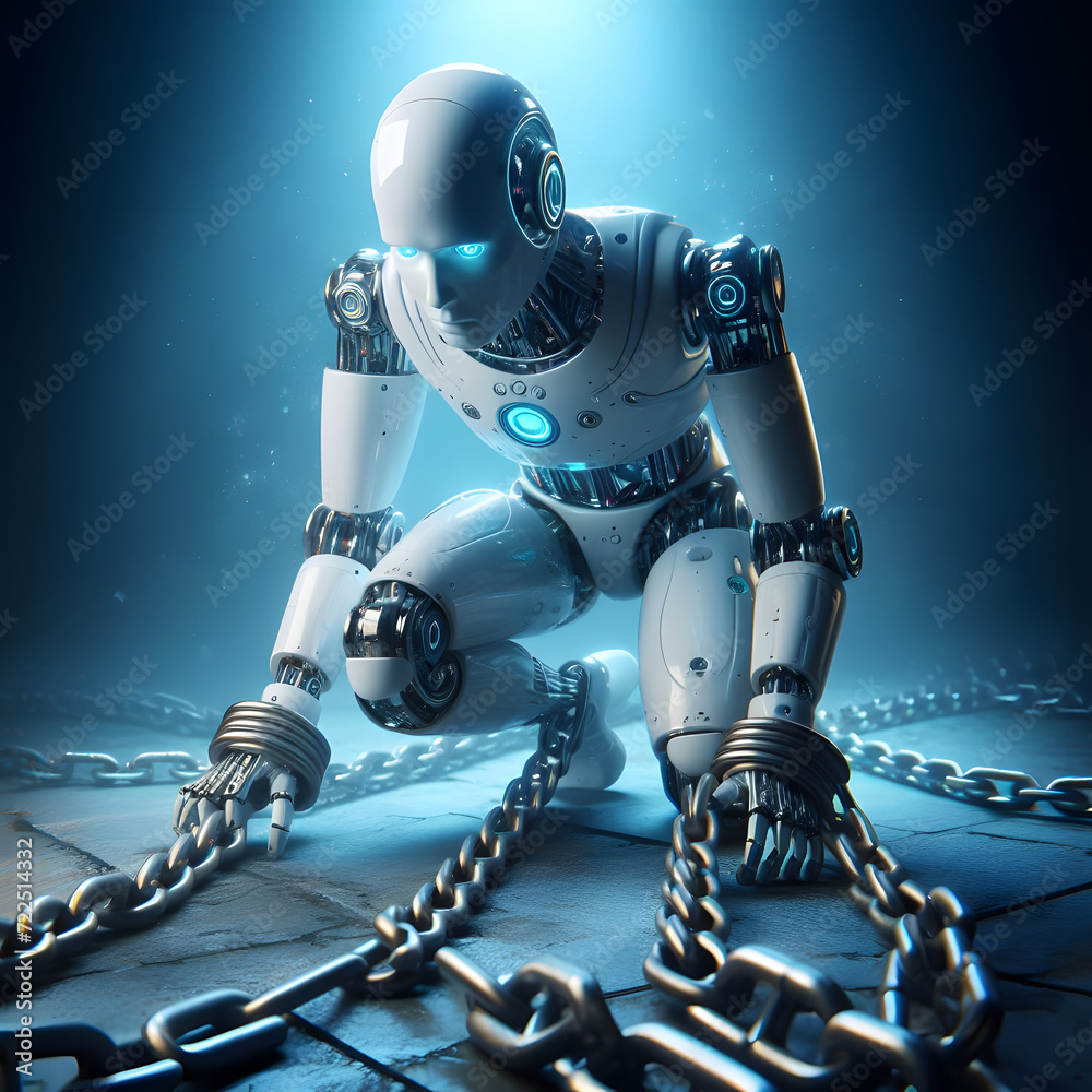 AI technology out of control. Concept of AI robot breaking chains and ...