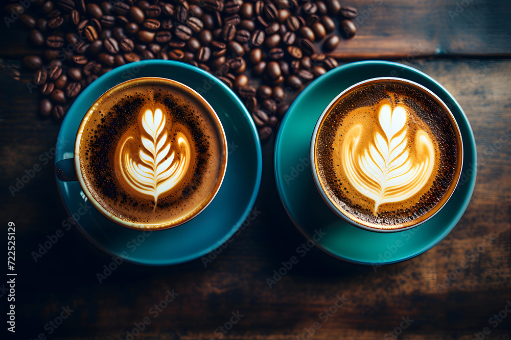 cups with aromatic coffee from beans of different varieties and ...