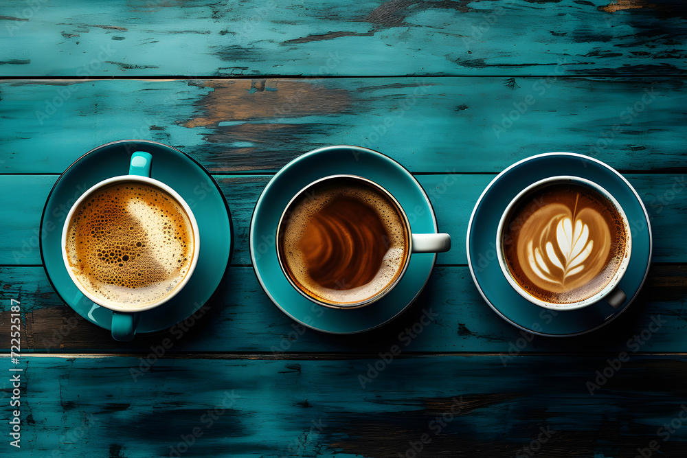 cups with aromatic coffee from beans of different varieties and ...