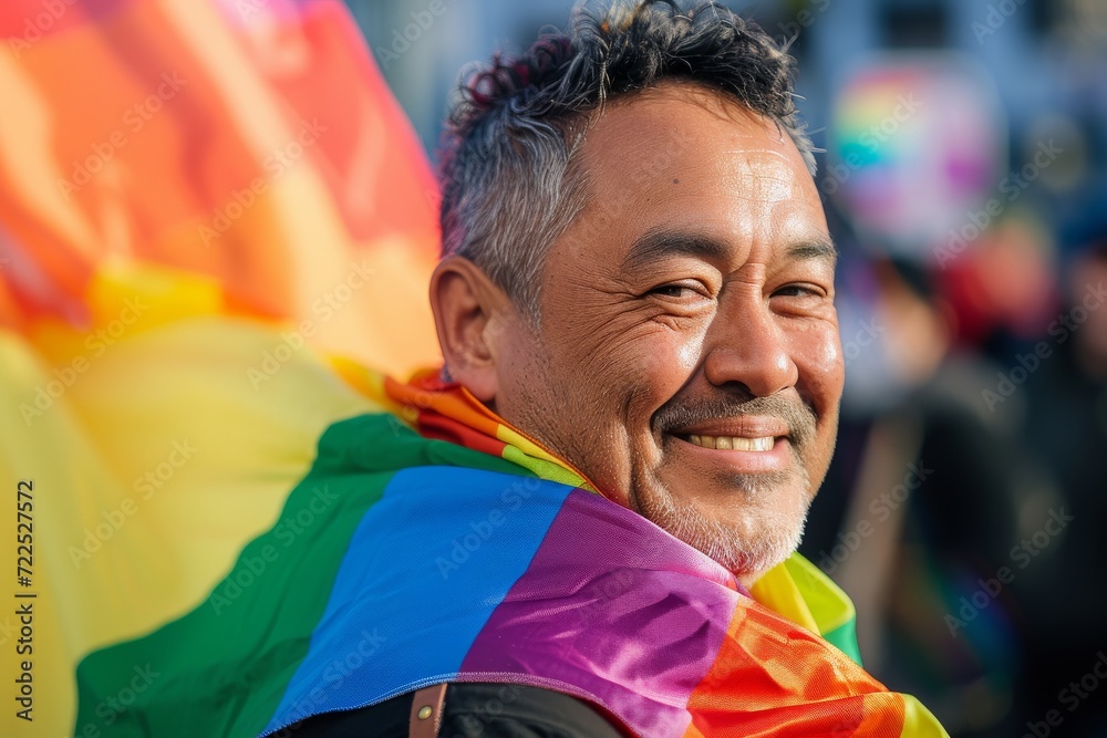 Amidst the vibrant colors of his rainbow flag, a proud man stands tall ...