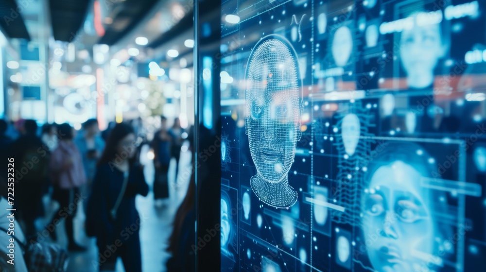 AI surveillance screen showing real-time facial recognition in a ...
