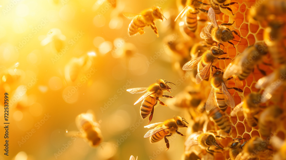 Cute swarm of bees working at bee honeycomb, background with empty ...