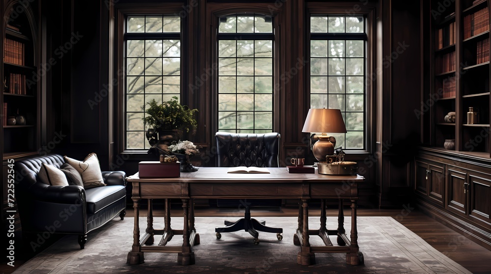 Classic-inspired home office with dark wood paneling, a stately desk ...