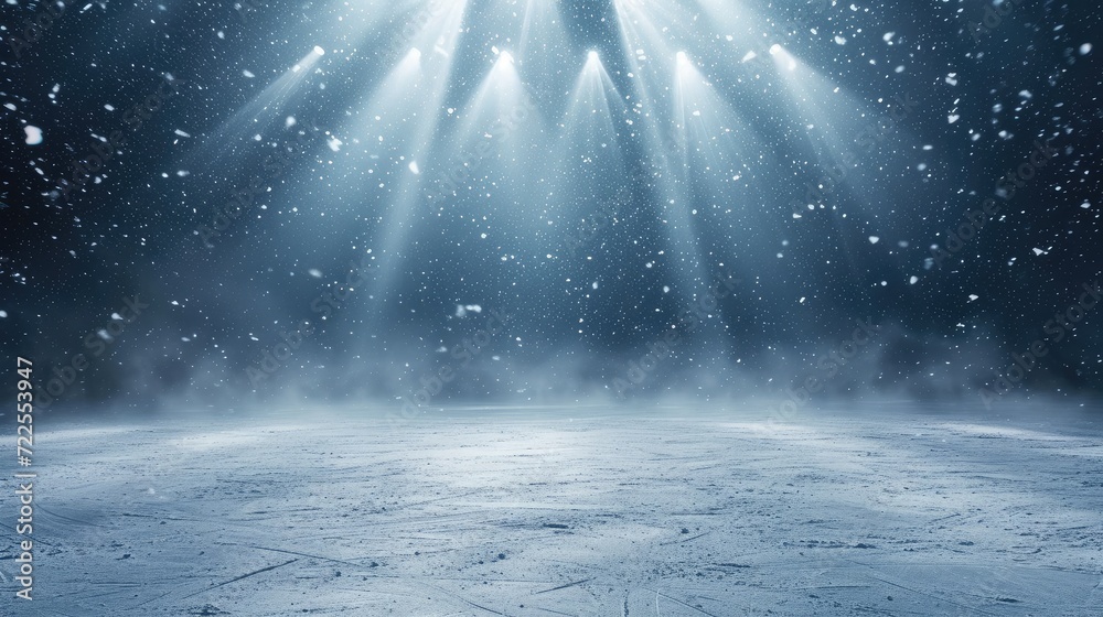 Snow and ice background.Empty ice rink illuminated by spotlights Stock ...