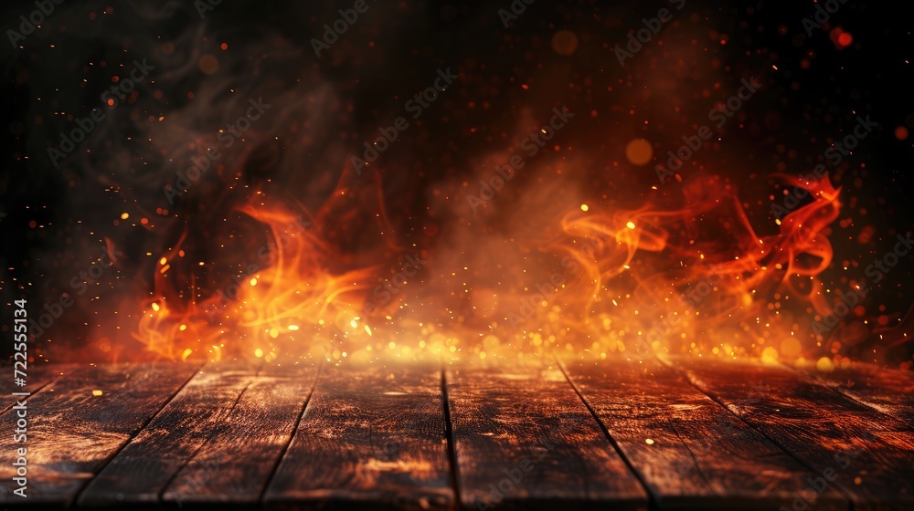 wooden table with Fire burning at the edge of the table, fire particles ...