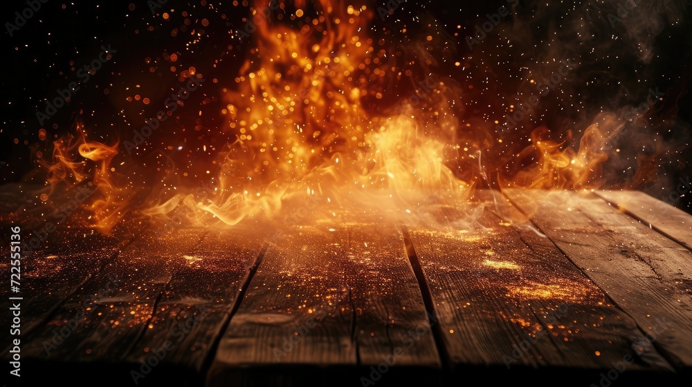 wooden table with Fire burning at the edge of the table, fire particles ...