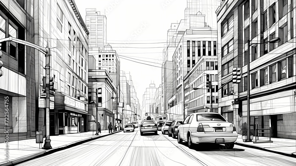 Contemporary black and white line drawing of an urban street scene ...