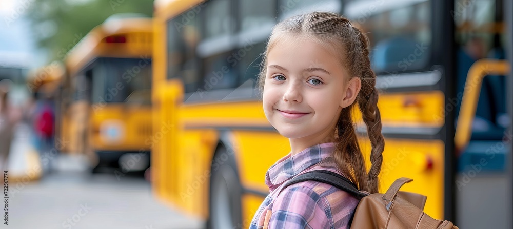 Smiling elementary student girl ready to board school bus with text ...