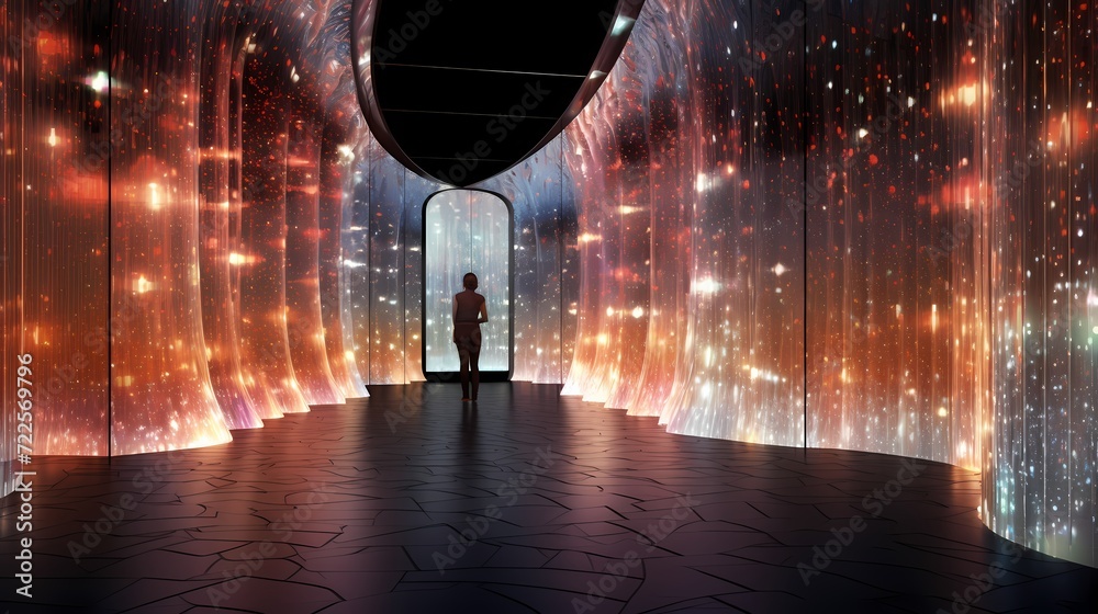 Cosmic-inspired hallway with interactive light panels, levitating art ...