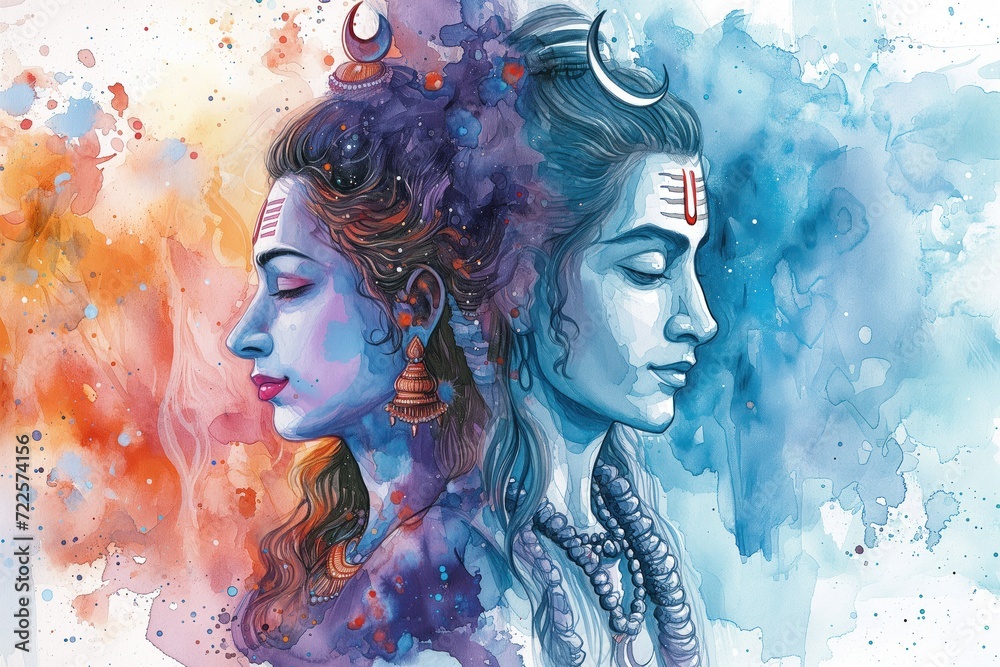 Hindu deities Lord Shiva and Goddess Parvati painted with watercolors ...