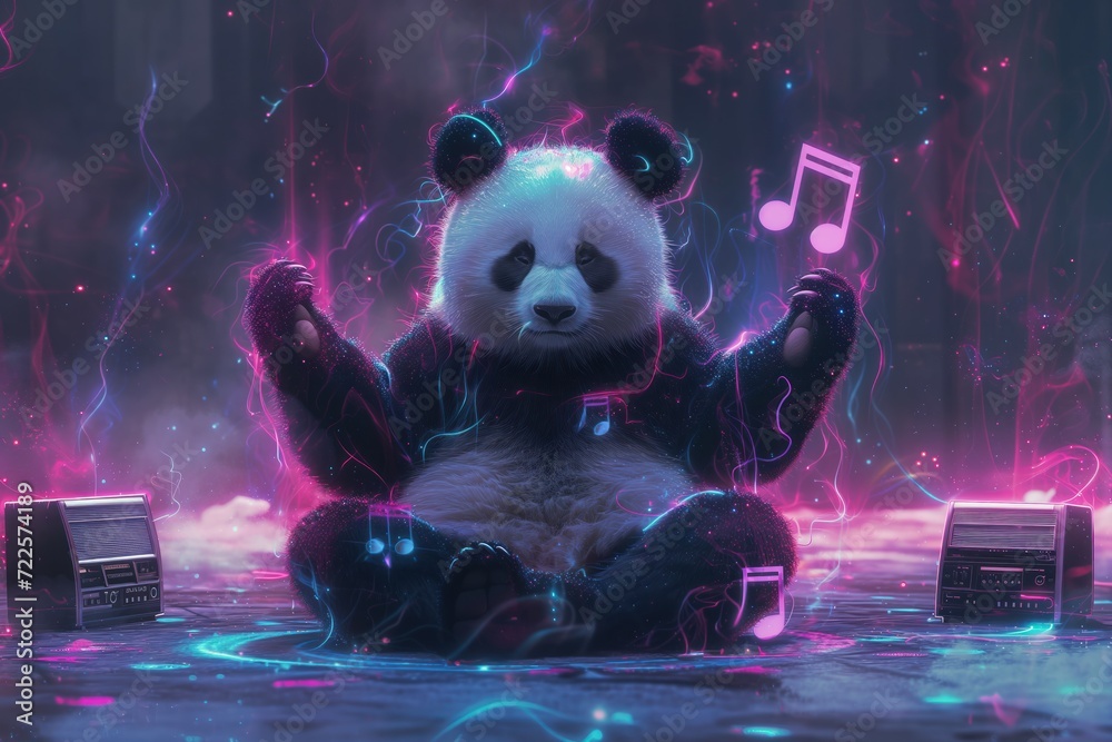 Panda sits in a meditation pose in the rays of energy, meditating to ...